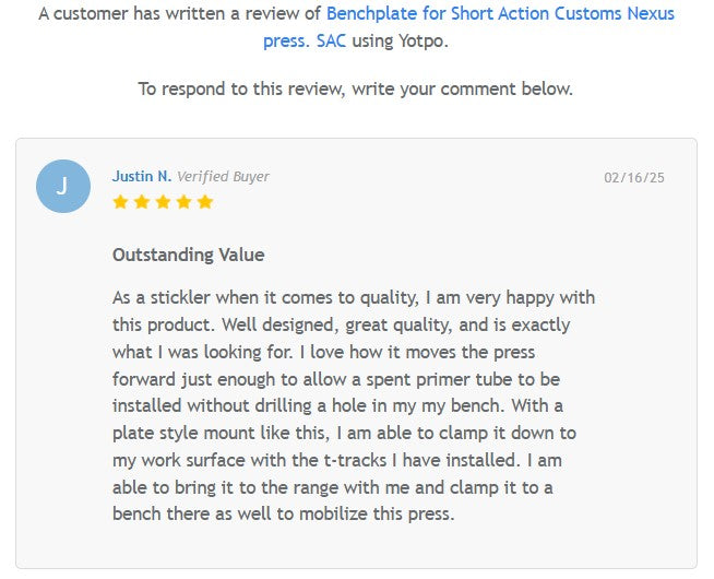 Benchplate for Short Action Customs Nexus press. SAC – Inline Fabrication